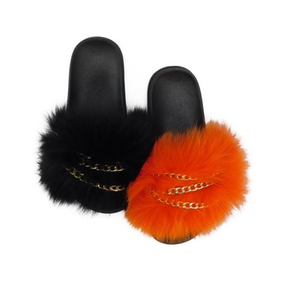 Shoes | Fox Fur Slides With Gold Chains Nwot | Poshmark